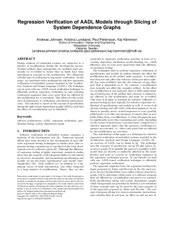 Pdf Regression Verification Of Aadl Models Through Slicing Of System Dependence Graphs