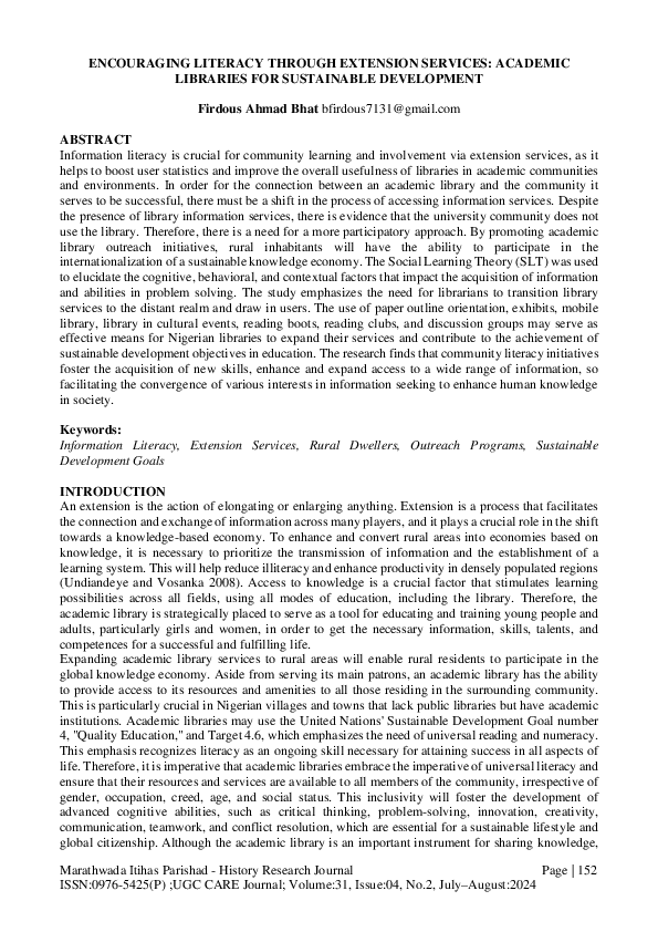 (PDF) ENCOURAGING LITERACY THROUGH EXTENSION SERVICES: ACADEMIC LIBRARIES FOR SUSTAINABLE ...