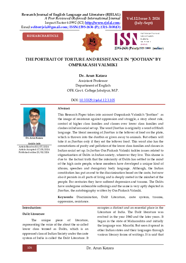 (PDF) THE PORTRAIT OF TORTURE AND RESISTANCE IN "JOOTHAN" BY OMPRAKASH ...
