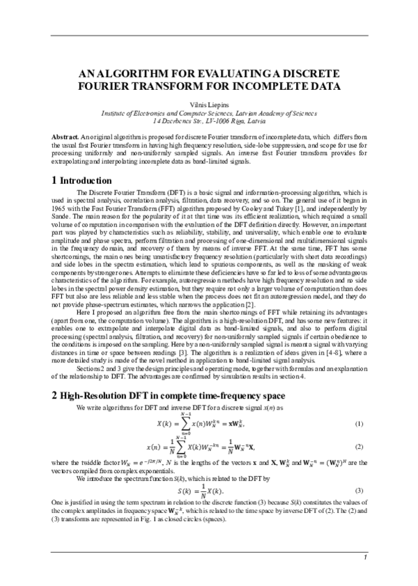 (PDF) AN ALGORITHM FOR EVALUATING A DISCRETE FOURIER TRANSFORM FOR INCOMPLETE DATA