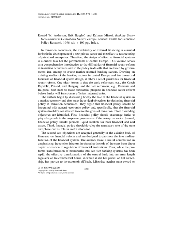 (PDF) Ronald W. Anderson, Erik Berglof, and Kalman Mizsei, Banking ...
