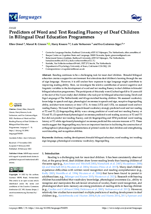 (PDF) Predictors of Word and Text Reading Fluency of Deaf Children in Bilingual Deaf Education ...