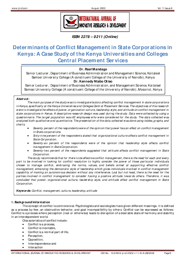 (PDF) Determinants of Conflict Management in State Corporations in ...