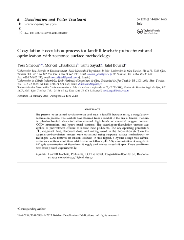 (PDF) Coagulation–flocculation process for landfill leachate pretreatment and optimization with ...