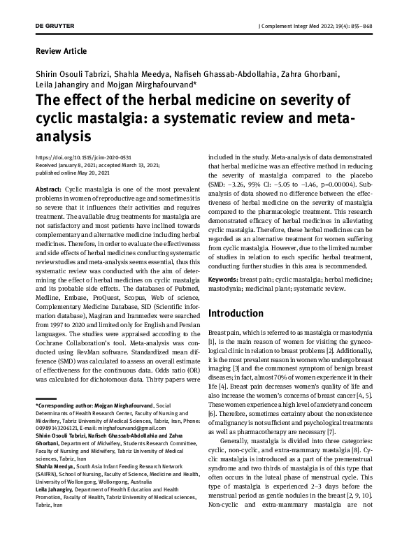 (PDF) The effect of the herbal medicine on severity of cyclic mastalgia ...