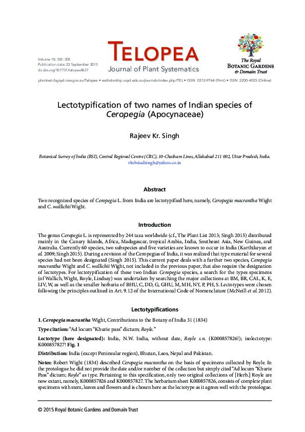 (PDF) Lectotypifications of two names of Indian species of Ceropegia (Apocynaceae) | arti garg ...