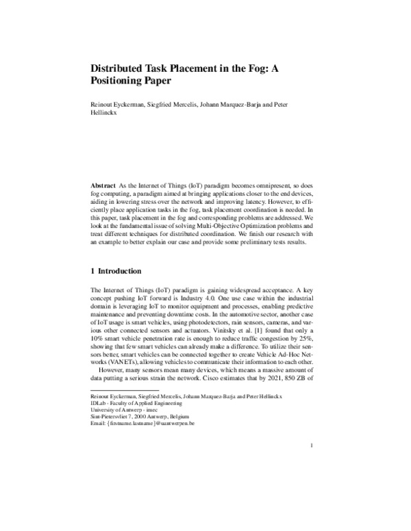 (PDF) Distributed Task Placement in the Fog: A Positioning Paper