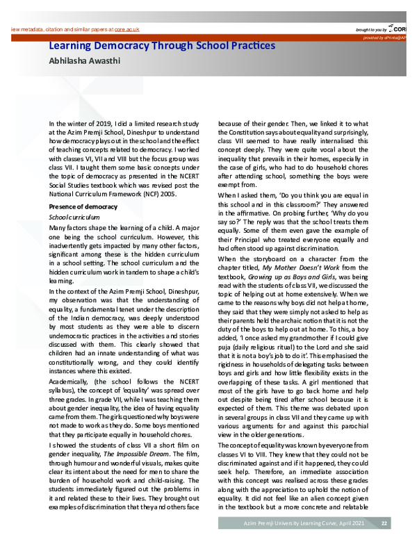 (PDF) Learning democracy through school practices | ABHILASHA AWASTHI ...