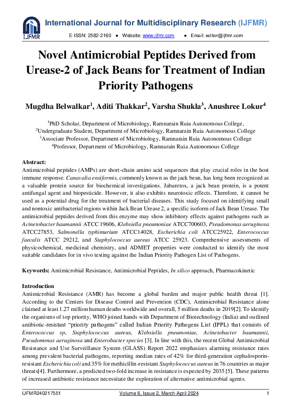 (PDF) Novel Antimicrobial Peptides Derived from Urease-2 of Jack Beans ...