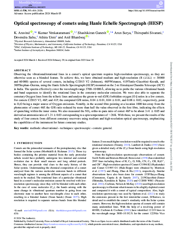 (PDF) Optical spectroscopy of comets using Hanle Echelle Spectrograph ...