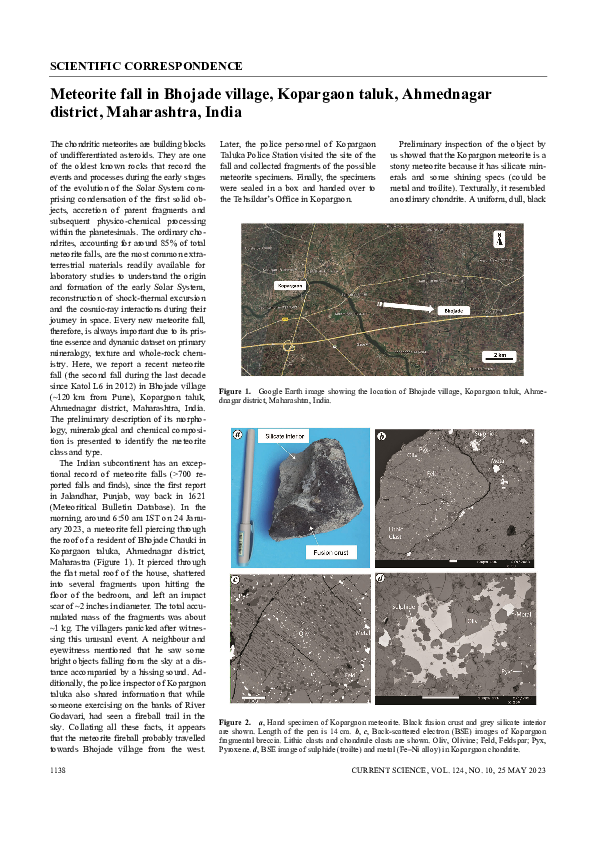 (PDF) Meteorite fall in Bhojade village, Kopargaon taluk, Ahmednagar district, Maharashtra, India