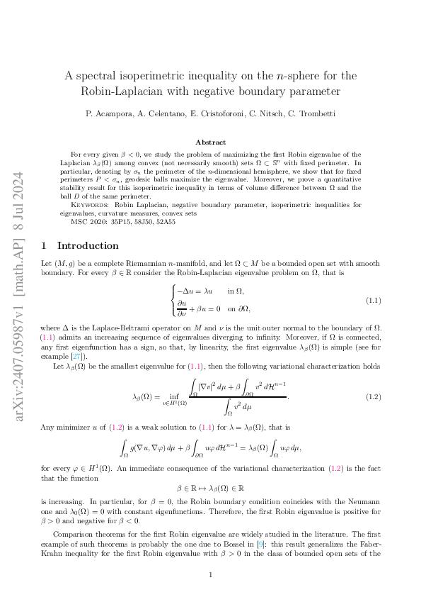 (PDF) A spectral isoperimetric inequality on the n-sphere for the Robin-Laplacian with negative ...