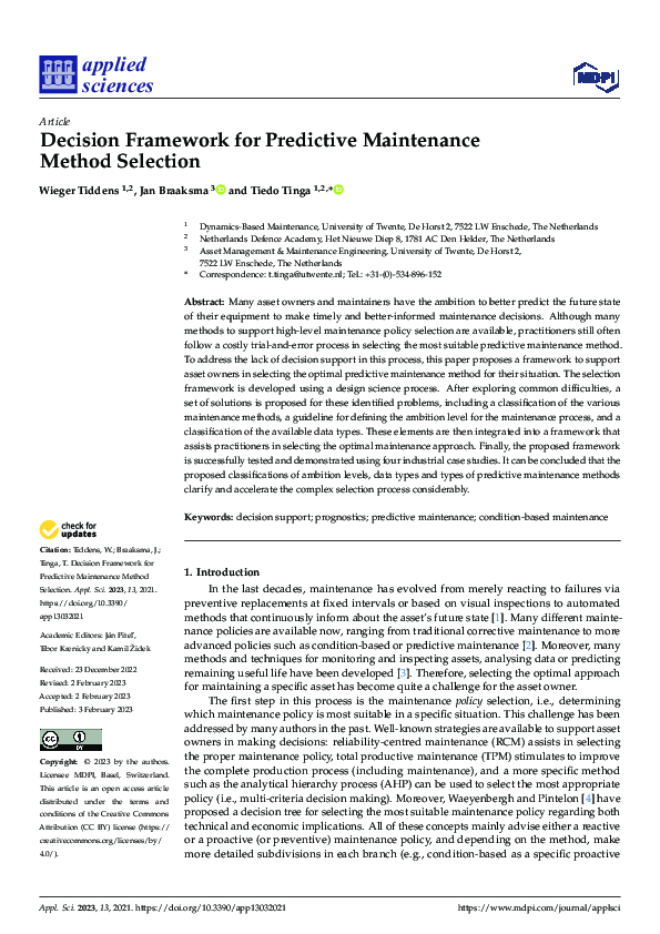 (PDF) Decision Framework for Predictive Maintenance Method Selection