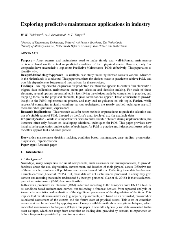 (PDF) Exploring predictive maintenance applications in industry