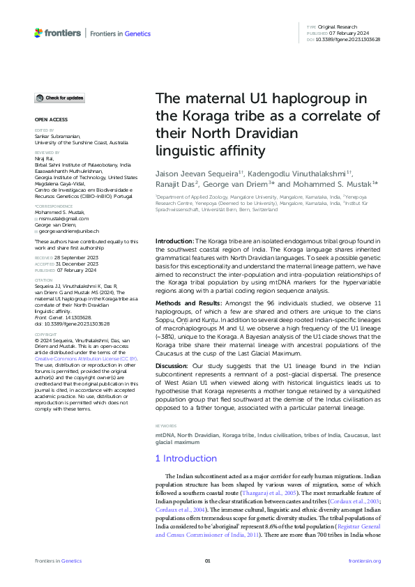 (PDF) The maternal U1 haplogroup in the Koraga tribe as a correlate of ...