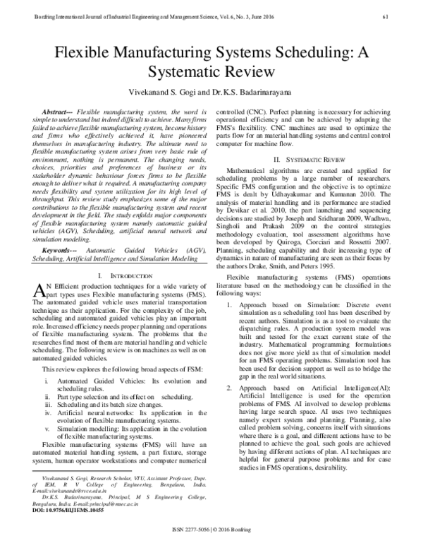 (PDF) Flexible Manufacturing Systems Scheduling: A Systematic Review | Vivekanand S. Gogi ...