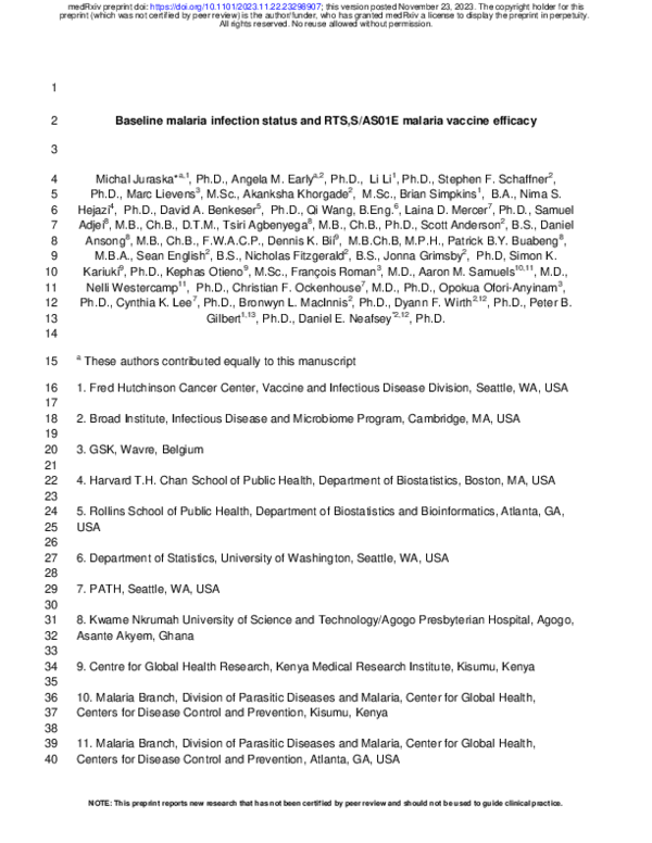(PDF) Baseline malaria infection status and RTS,S/AS01E malaria vaccine ...