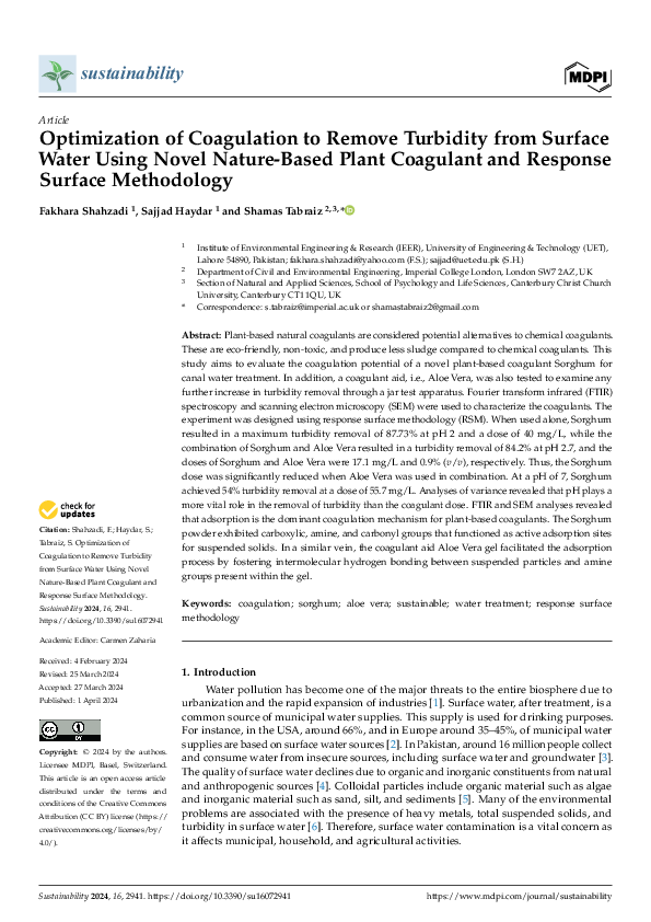 (PDF) Optimization of Coagulation to Remove Turbidity from Surface Water Using Novel Nature ...