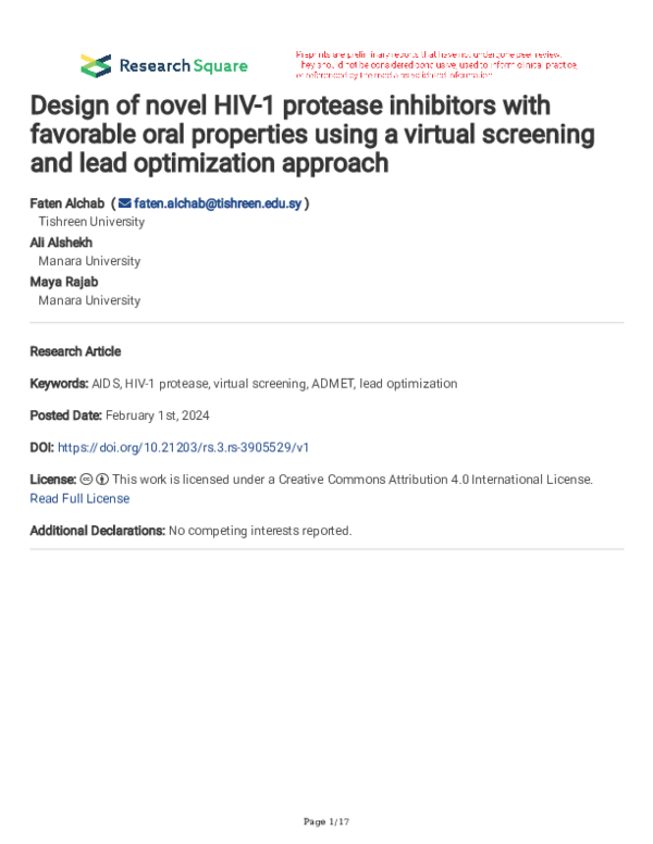 (PDF) Design of novel HIV-1 protease inhibitors with favorable oral properties using a virtual ...