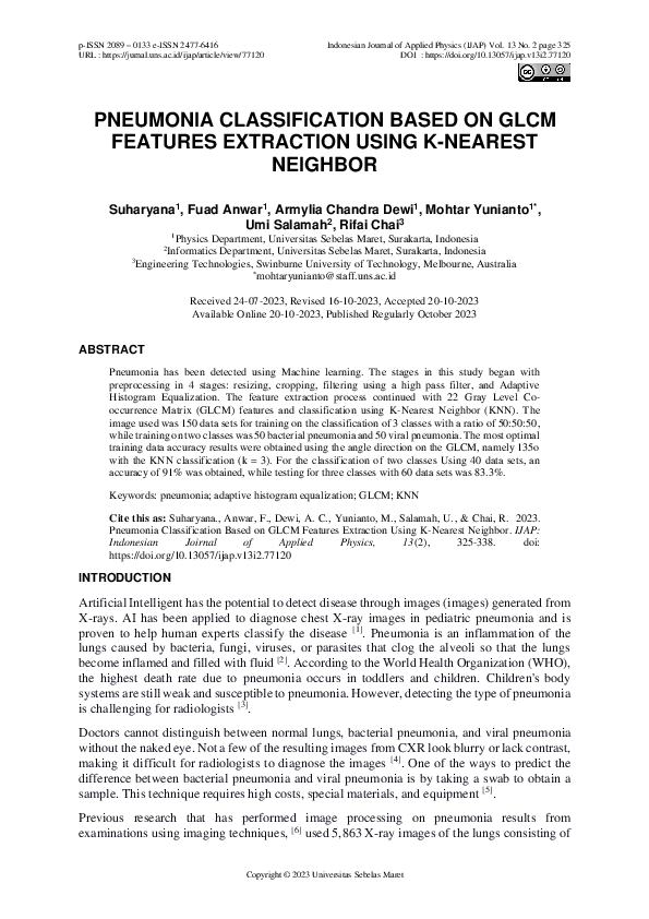 (PDF) Pneumonia Classification Based on GLCM Features Extraction using K-Nearest Neighbor