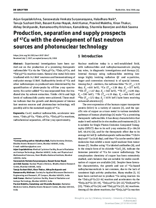 (PDF) Production, separation and supply prospects of 67Cu with the ...