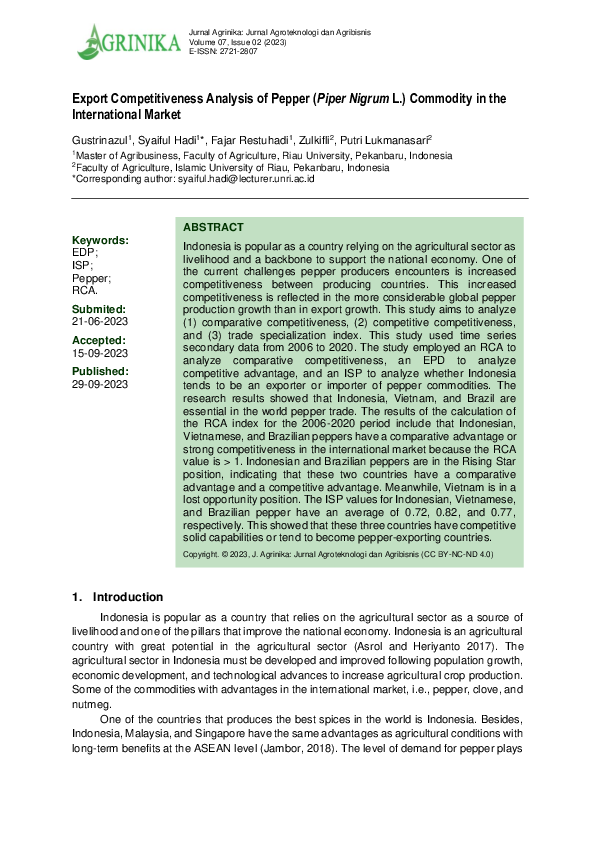 (PDF) Export Competitiveness Analysis of Pepper (Piper Nigrum L ...