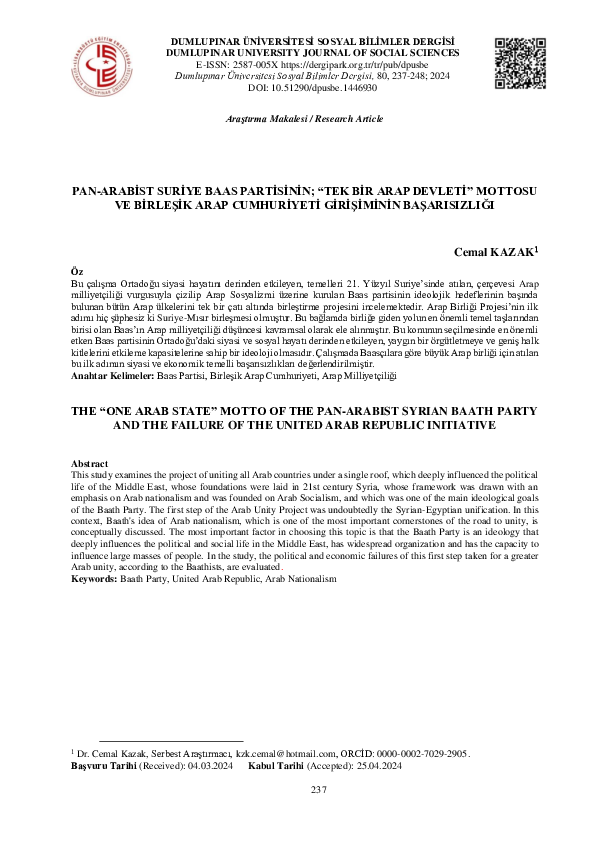 (PDF) PAN-ARABİST SURİYE BAAS PARTİSİNİN; "TEK BİR ARAP DEVLETİ ...