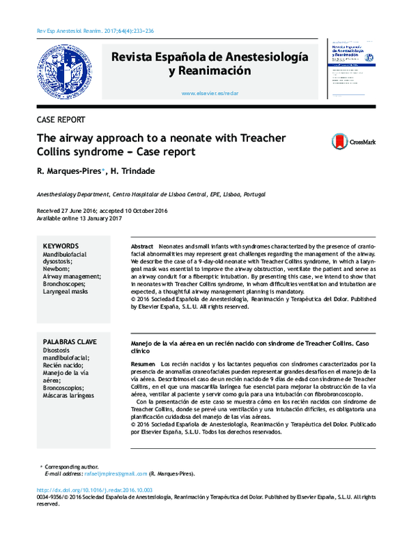 (PDF) The airway approach to a neonate with Treacher Collins syndrome ...