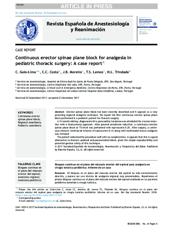 (PDF) Continuous erector spinae plane block for analgesia in pediatric ...