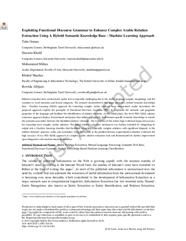 (PDF) Exploiting Functional Discourse Grammar to Enhance Complex Arabic Relation Extraction ...