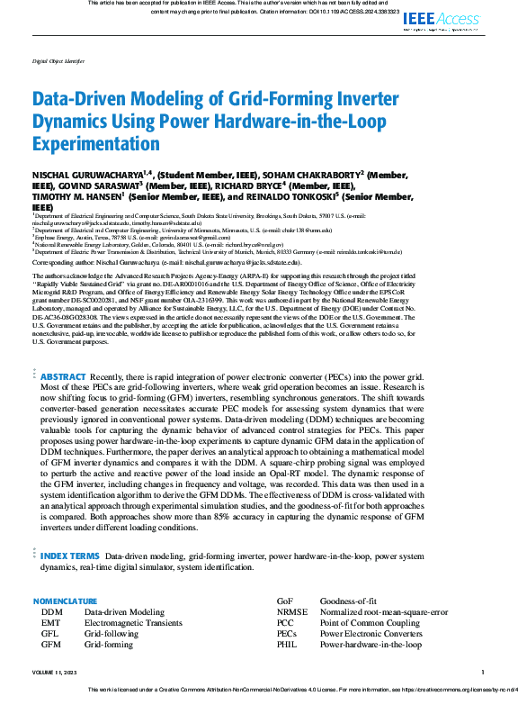 Pdf Data Driven Modeling Of Grid Forming Inverter Dynamics Using Power Hardware In The Loop