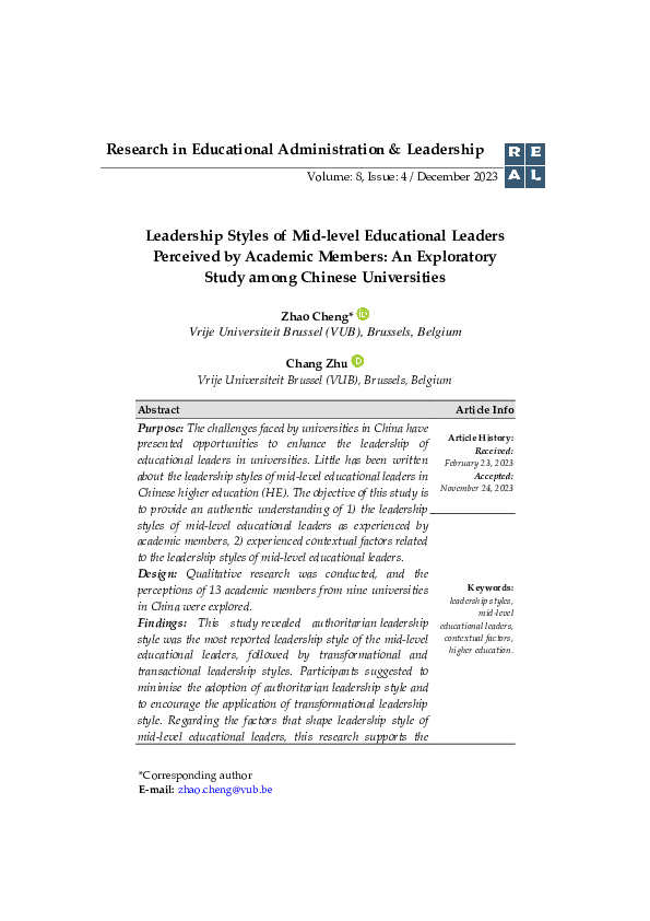 (PDF) Leadership Styles of Mid-level Educational Leaders Perceived by ...