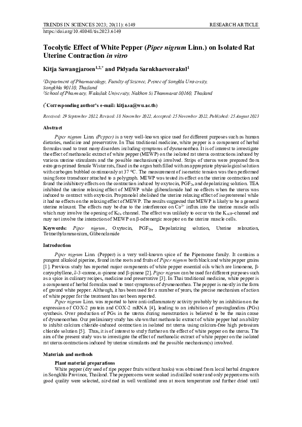 Tocolytic Effect of White Pepper (Piper nigrum Linn.) on Isolated Rat ...