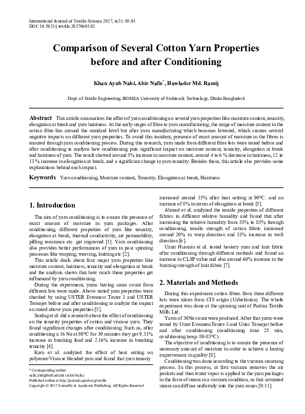 (PDF) Comparison of Several Cotton Yarn Properties before and after ...