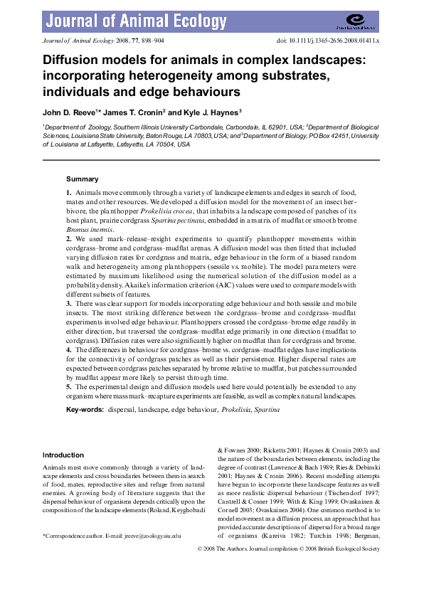 (PDF) Diffusion models for animals in complex landscapes: incorporating ...