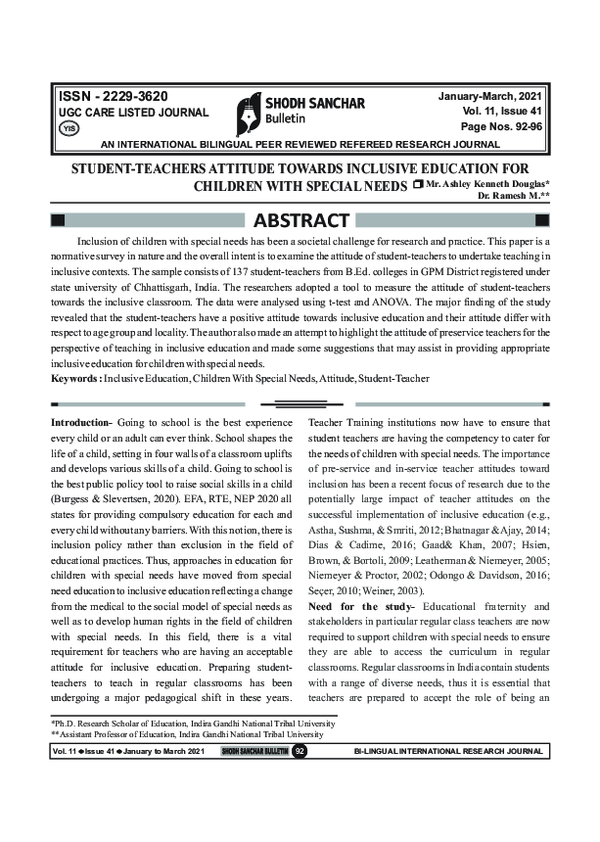 (PDF) STUDENT-TEACHERS ATTITUDE TOWARDS INCLUSIVE EDUCATION FOR ...