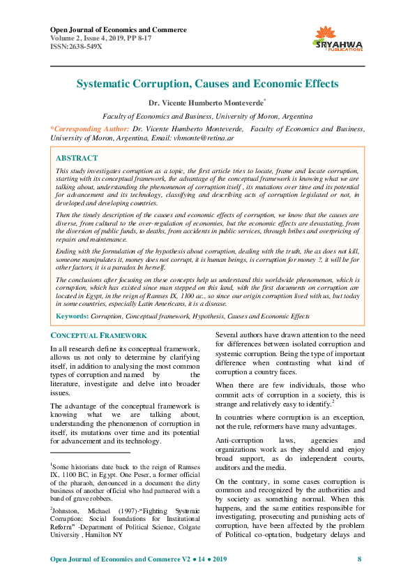 (PDF) Systematic Corruption, Causes and Economic Effects