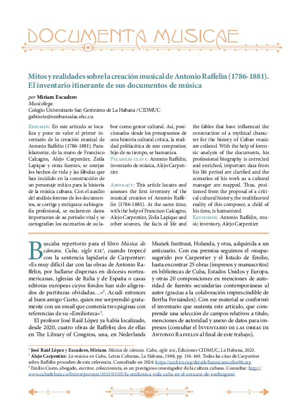 (PDF) Mitos y realidades sobre la creación musical de Antonio Raffelin ...