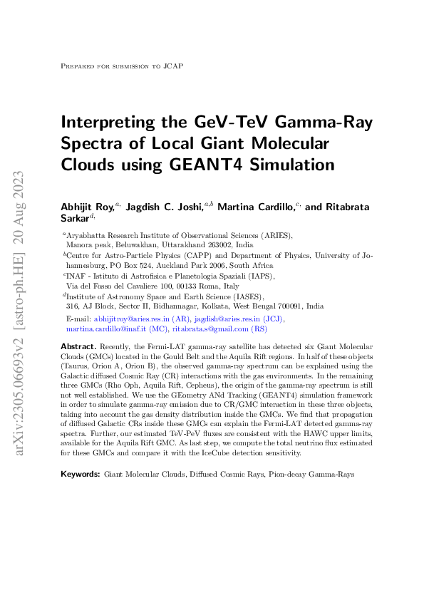 (PDF) Interpreting the GeV-TeV gamma-ray spectra of local giant molecular clouds using GEANT4 ...