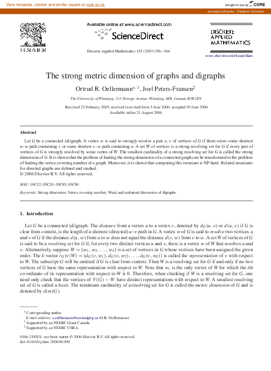 (PDF) The strong metric dimension of graphs and digraphs | Ortrud Oellermann - Academia.edu