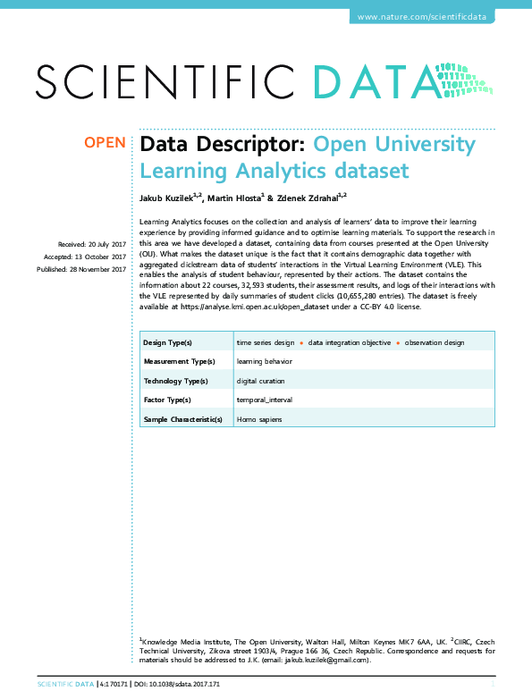 (PDF) Open University Learning Analytics dataset