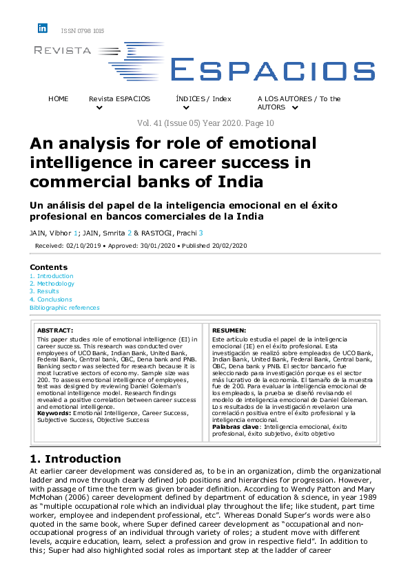 (PDF) An analysis for role of emotional intelligence in career success in commercial banks of India