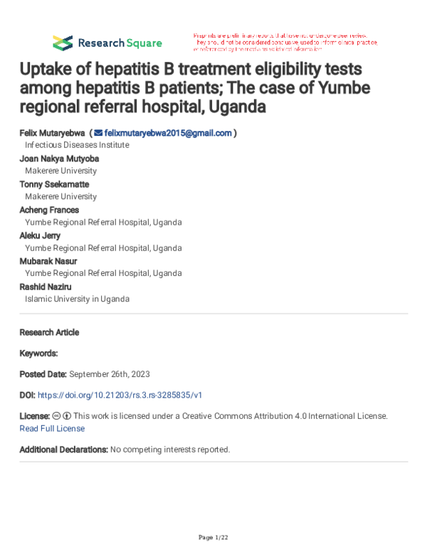 (PDF) Uptake of hepatitis B treatment eligibility tests among hepatitis ...