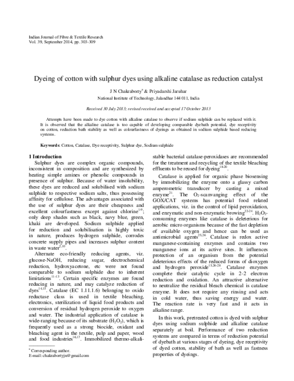 (PDF) Dyeing of cotton with sulphur dyes using alkaline catalase as ...