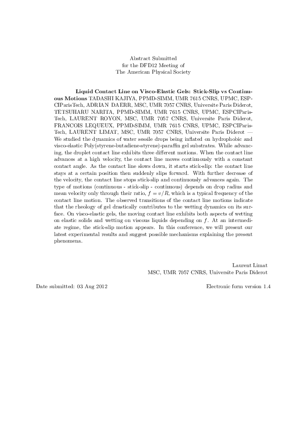 (PDF) Liquid Contact Line on Visco-Elastic Gels: Stick-Slip vs ...