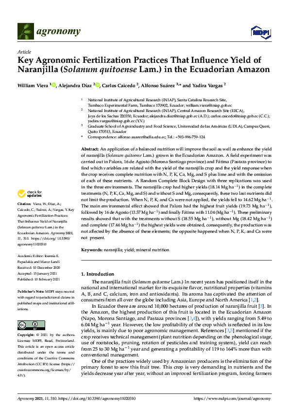 (PDF) Key Agronomic Fertilization Practices That Influence Yield of Naranjilla (Solanum ...