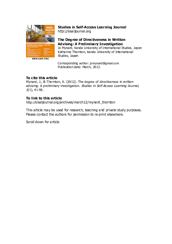 (PDF) Mynard, J., & Thornton, K. (2012). The degree of directiveness in ...