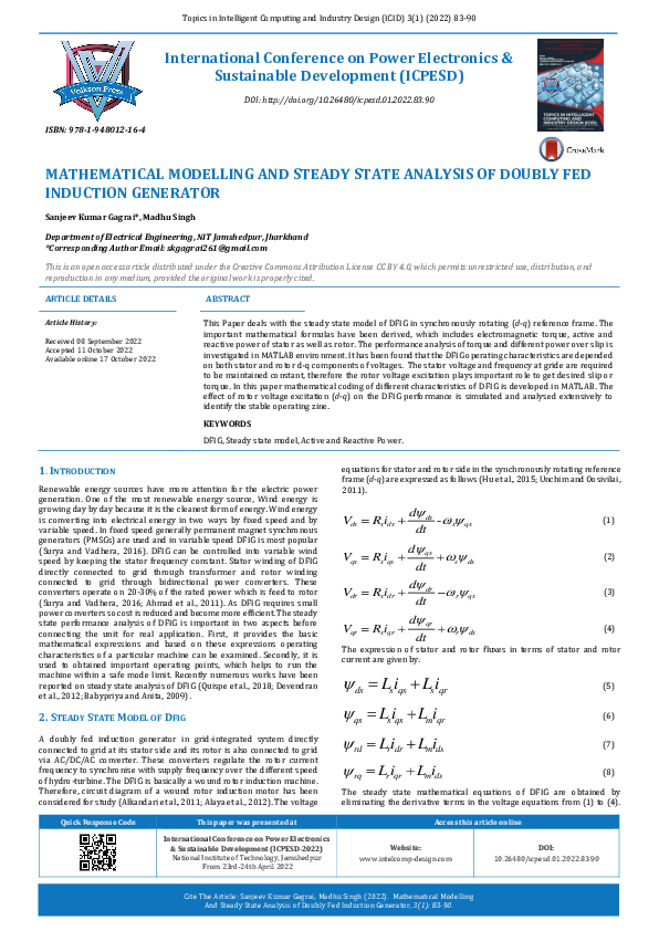 Pdf Mathematical Modelling And Steady State Analysis Of Doubly Fed Induction Generator