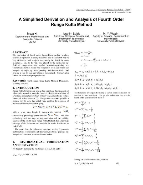 (PDF) A Simplified Derivation and Analysis of Fourth Order Runge Kutta Method