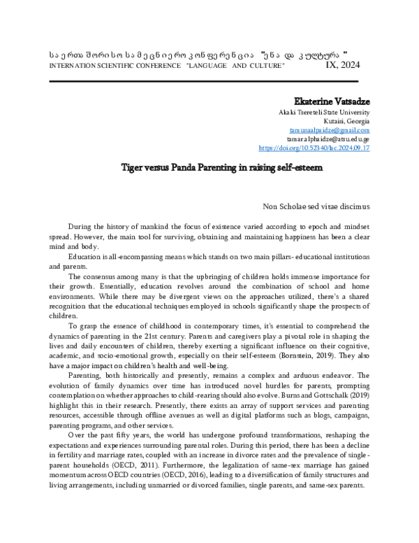 (PDF) Tiger versus Panda Parenting in raising self-esteem